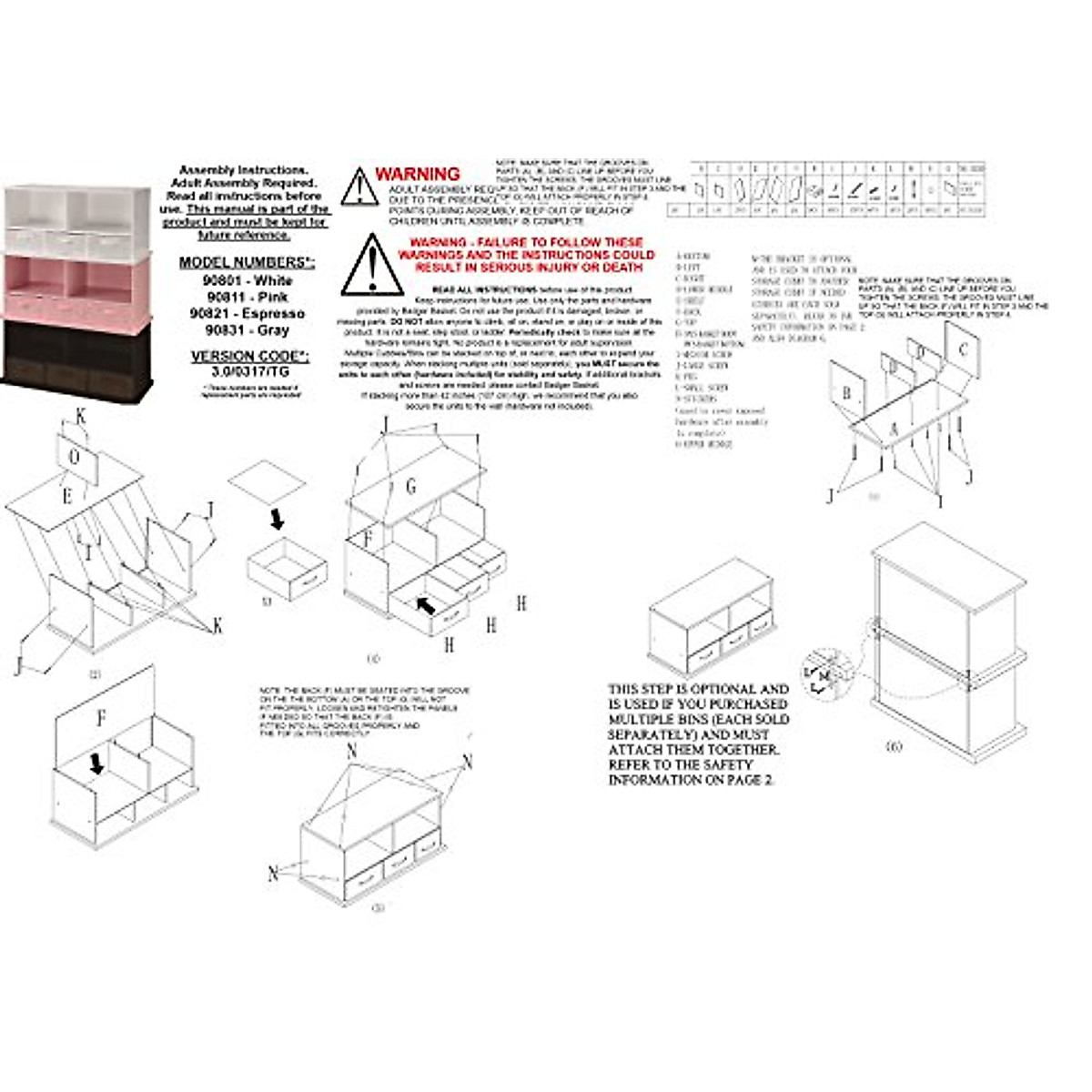 Stackable 5 Shelf Storage Organizing Cubby with 3 Fabric Baskets