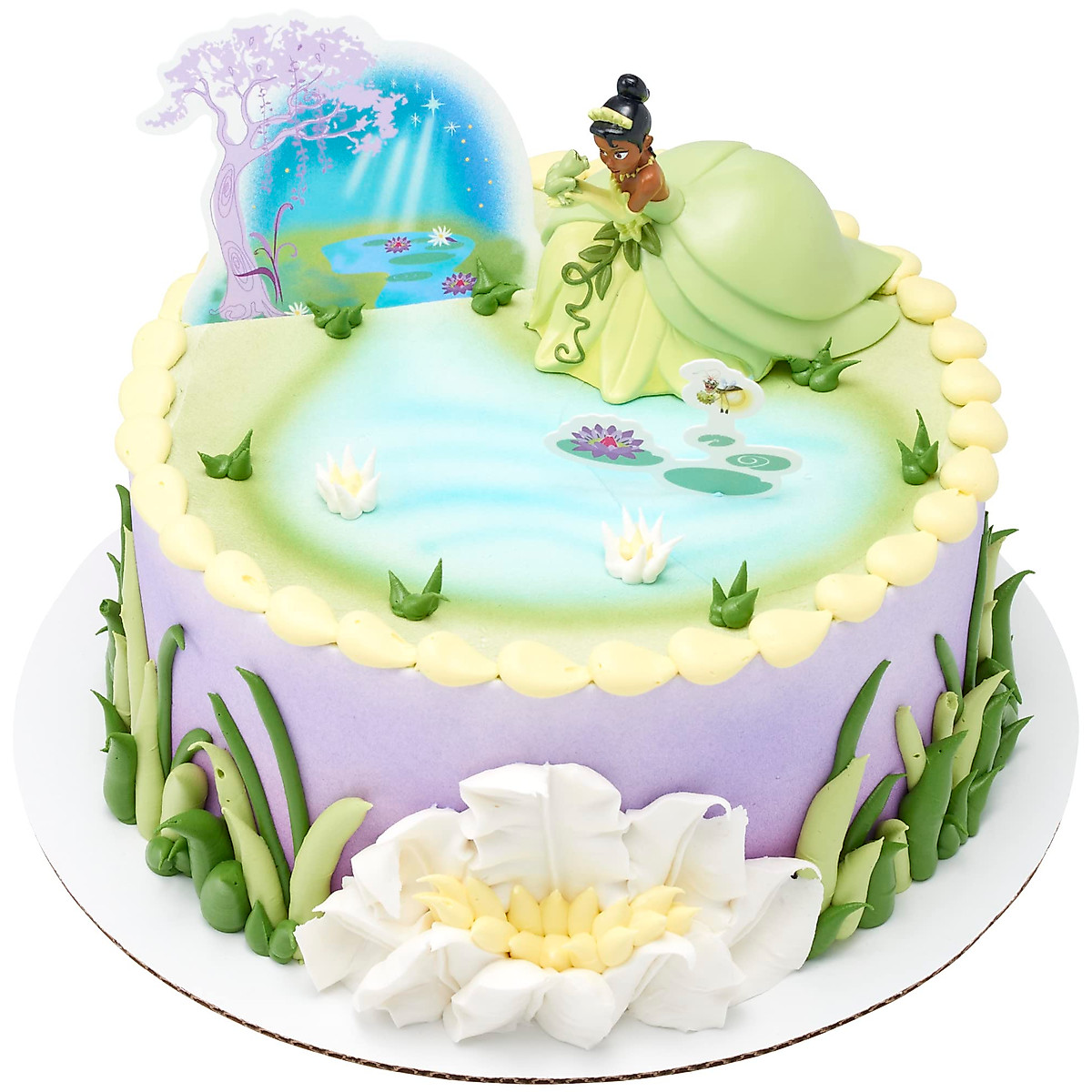 DecoSet® Disney Princess Tiana Cake Topper, 3-Piece Cake Decoration With Tiana And Frog Figurine, Water Lily Pic, And Background Scenery Pic