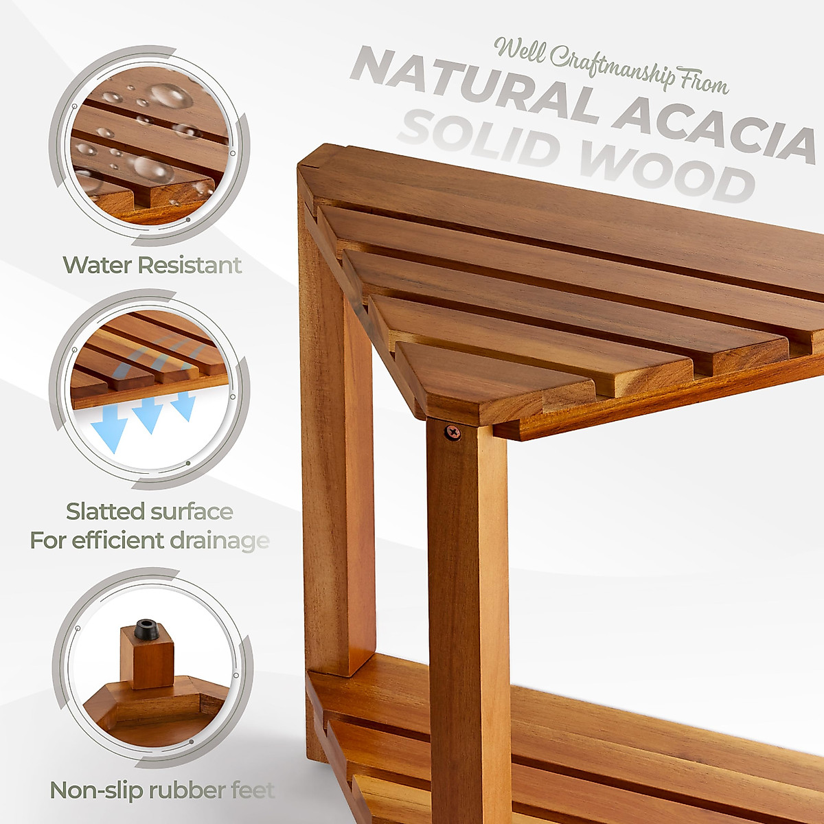 BLUEWEST Corner Shower Stool, Wooden Corner Shower Bench for Shaving Legs Inside Shower, Waterproof Shower Foot Rest with Storage Shelf, Shower Seats and Benches