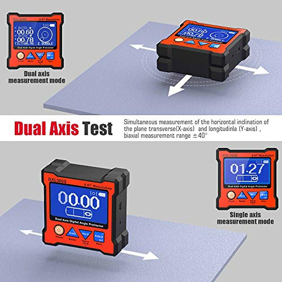 Digital Protractor DXL360S GYRO + Gravity 2 in 1 Digital LCD Protractor Inclinometer Dual Axis Level Box 0.01°Resolution