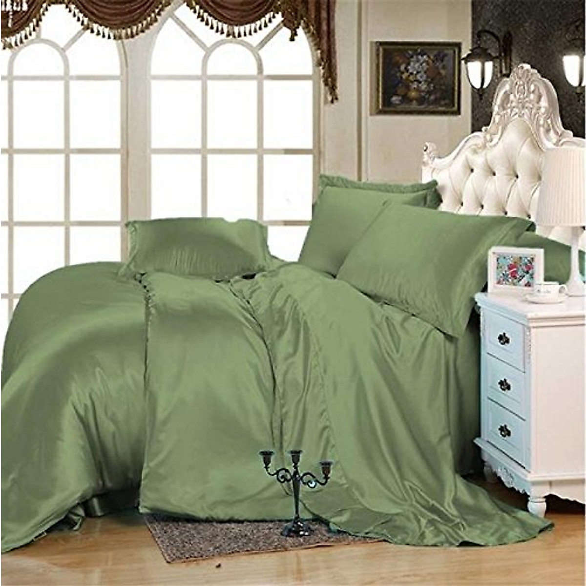 Kanak Bedding - 7 Piece Soft Silk Satin Soft Quilt,19 Inch Deep Pocket Sheet Set with Duvet Set Size Queen Colour Olive