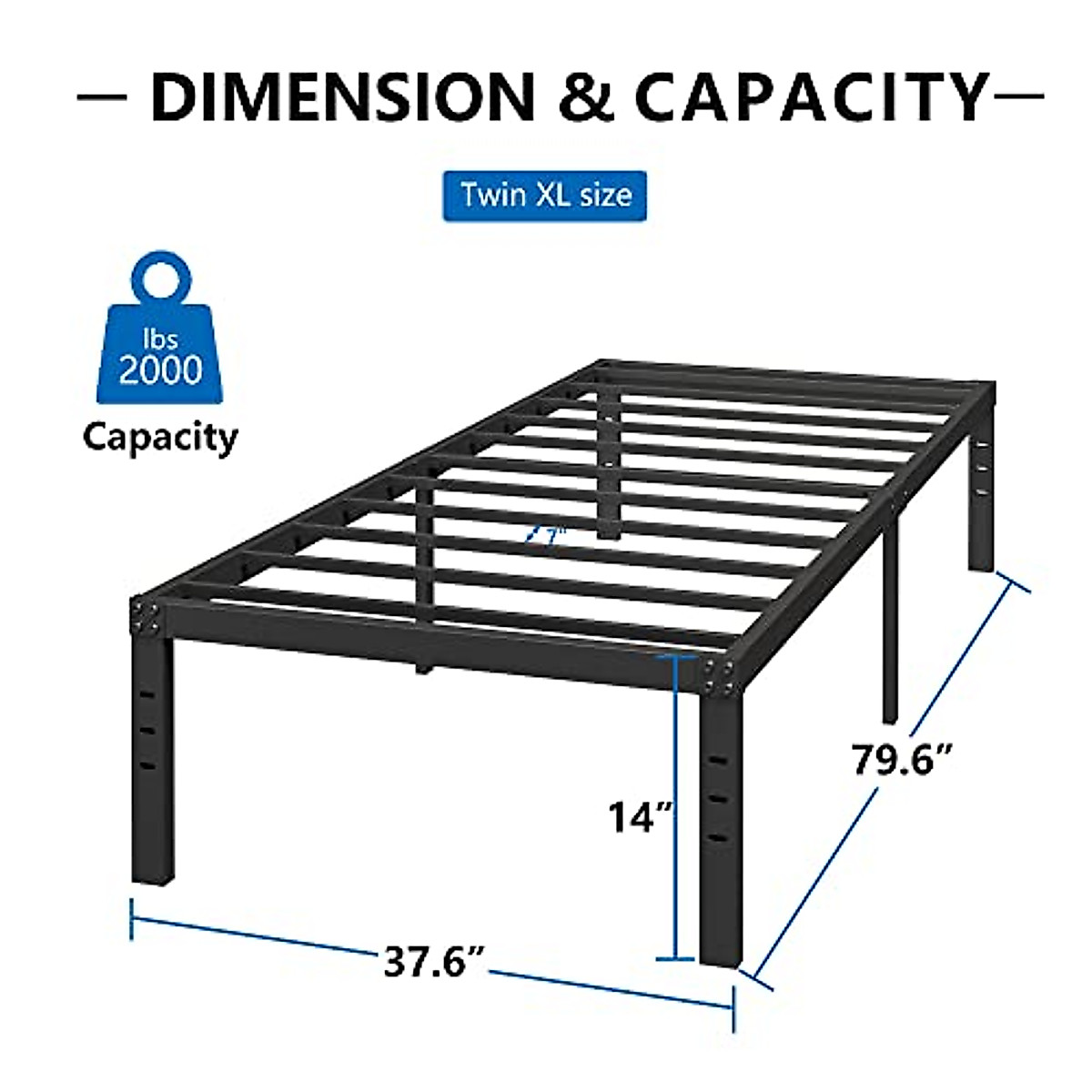 Artimorany Twin XL Bed Frame, 14 Inch Metal Platform Bed, Heavy Duty Steel Slats Support Mattress Foundation, No Box Spring Needed, Noise Free, Easy Assembly, Black