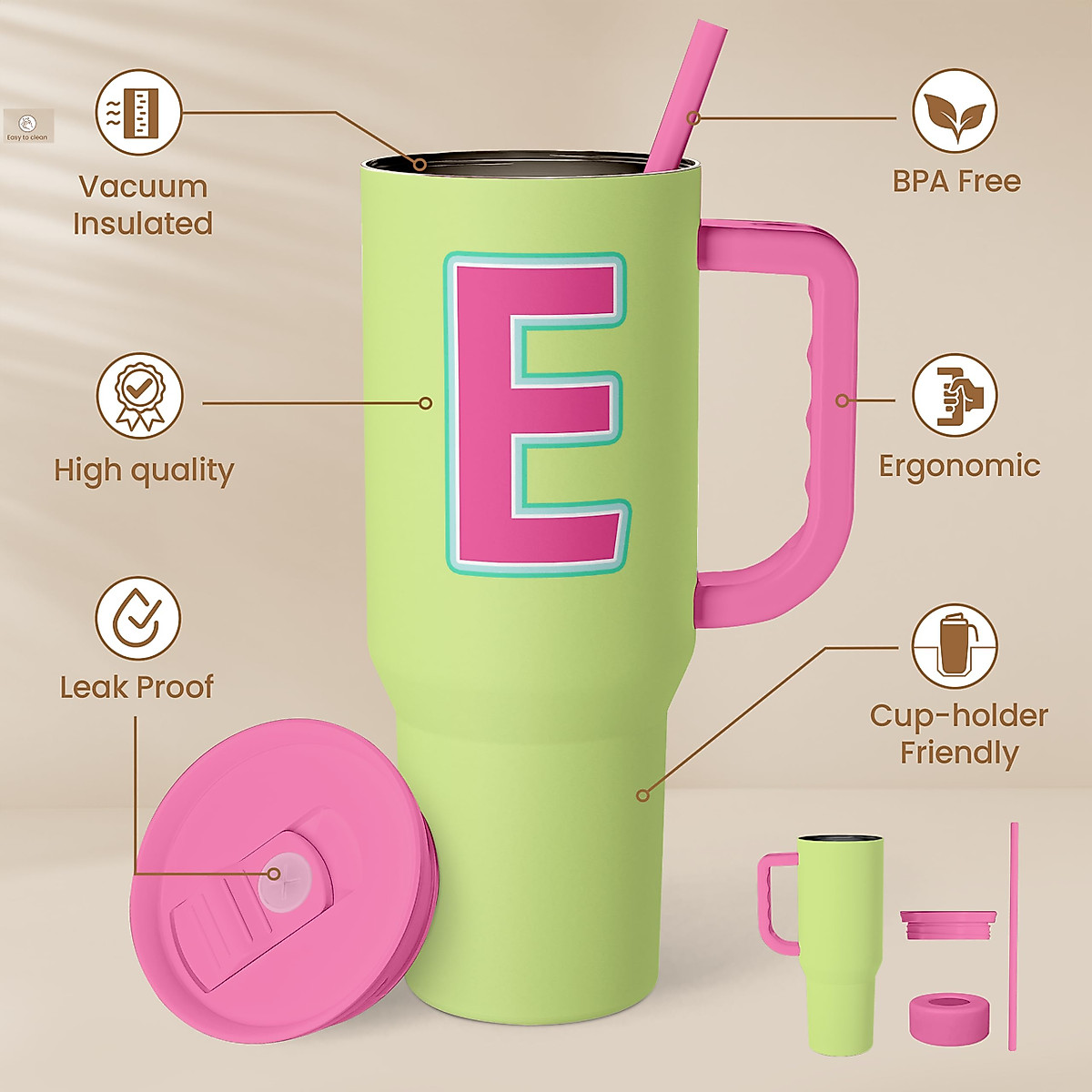 SANDJEST Monogrammed Tumbler with Handle 40oz, Letter E Tumblers Coffee Travel Cup with Straw, Personalized Monogram Initial Gifts for Women Girls, Customized Gifts for Christmas Birthday Mothers Day