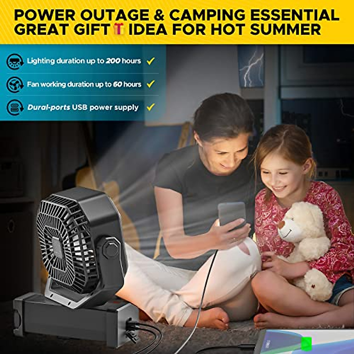 CRST 20000mAh Battery Operated Oscillating Fan with Remote, LED Light, Timer and Hook 4 Speed Rechargeable Personal USB Camping Fan for Jobsite Tent Emergency