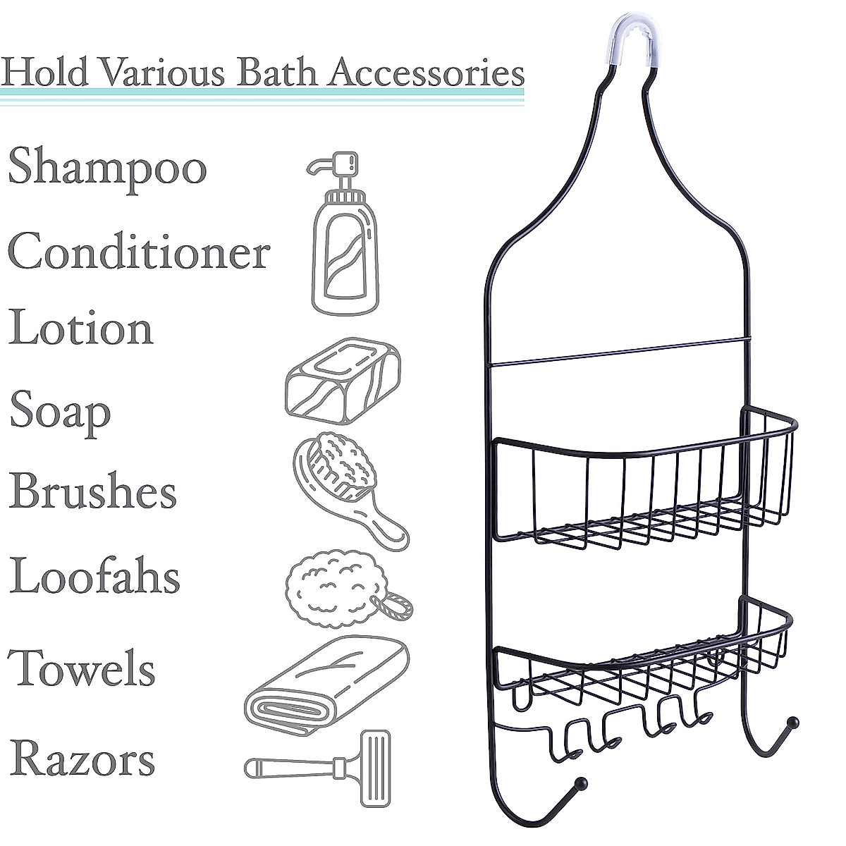 Bath Bliss Contour Shower Caddy | Dimensions: 9"x 4.3"x 21.5" | Hangs Over The Showerhead | Suction Cup Backing | All In One Caddy | Holds Shampoo | Conditioner | Lotion | Soap | Matte Black
