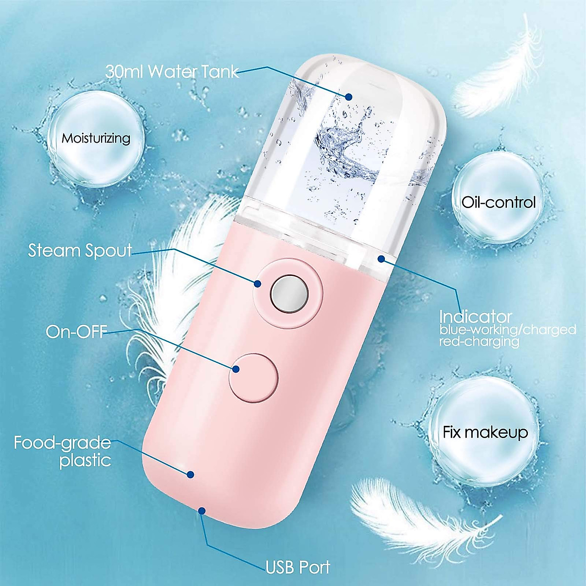 GIVERARE Nano Facial Steamer, Handy Mini Mister, USB Rechargeable Mist Sprayer, 30ml Visual Water Tank Moisturizing&Hydrating for Face, Daily Makeup, Skin Care, Eyelash Extensions-Pink