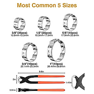 VIGRUE 304 Stainless Steel Single Ear Hose Clamps with Pincer, 105PCS 3/8'' to 1'' Stepless Hose Clamps with Pipe Clamp Tool, Pex Cinch Clamps Rings Tool Assortment Kit