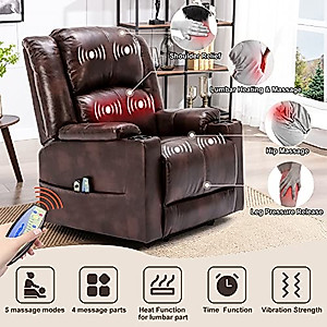 COMHOMA Power Lift Recliner Chairs for Elderly Big Heated Massage Recliner Sofa PU Leather with Infinite Position 2 Side Pockets and Cup Holders (Brown)