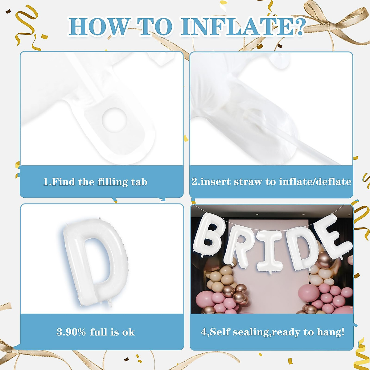 MEYSIMOON 40 inch BRIDE Balloons for Bachelorette Party Decorations White Large Bride Balloon for Bride to Be,Wedding Party,Bridal Shower Party Decor