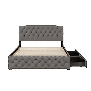 HBRR Queen Size Bed Frame with 2 Drawers and 2 Sets of USB Ports, Upholstered Platform Bed with Button-Tufted Headboard, Wooden Slats Support, No Box Spring Needed, Gray