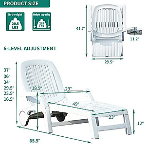 YITAHOME Outdoor Folding Chaise Lounge Chair with 6 Adjustable Backrests, Foldable Poolside Lounger with Wheels, Plastic Recliner for Patio, Beach,Easy Assembly, Lightweight, Waterproof, White (1)