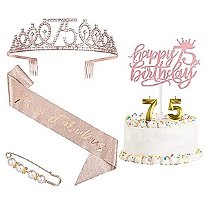 75th Birthday Decorations for Women，Rose Gold 75 Birthday Crown Tiara ，Cake Topper, Birthday Sash with Peal Pin and Birthday Candles Kit,75th Birthday Gifts for Women