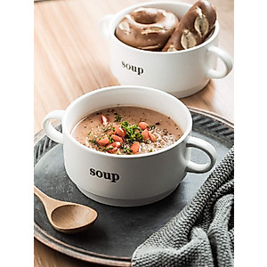 LAUCHUH Soup Bowls Porcelain Soup Crocks with Handles Stackable Soup Mugs for French Onion Bowl Set with Serving Stand 27 ounces for Salad Cereal Fruit