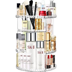 YIEZI 360 Degree Rotating Makeup Organizer,Large Capacity Make up Caddy Shelf,Acrylic Perfume Storage, Adjustable Skin Care Organisers for Dresser Tabletop and Bathroom, Clear (Diamond)