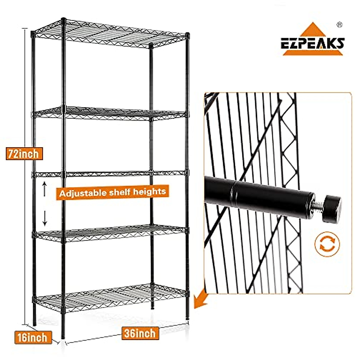 EZPEAKS 5-Shelf Shelving Unit with Shelf Liners Set of 5, Adjustable Storage Rack, Steel Wire Shelves, Shelving Units and Storage for Office Kitchen and Garage (35.5W X 15.8D X 71H)