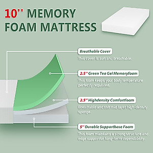 PayLessHere 10 Inch Twin Mattress Green Tea Memory Foam Mattress CertiPUR-US Certified,Medium-firm mattress，Removable Soft Cover,Fiberglass Free,Twin mattresses for Bed Frame, Bunk Bed, Trundle, White