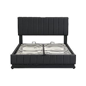 CJLMN Upholstered Platform Bed Versatility Bed, Full Size Wood Bed Frame with Hydraulic Storage System, LED Lights, Sockets and USB Ports, Kids Adults Bedroom Furniture Storage Bed (Black Bed)