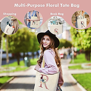 Binggemen Initial Canvas Tote Bag with Zipper Pockets,Personalized Totes for Women Bridesmaids Teacher,Cosmetic Makeup Bag,Monogrammed Gifts for Wedding Birthday (Letter R)