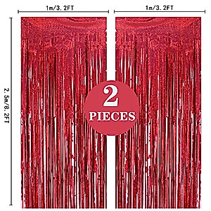2 Pack 3.2ft x 8.2ft Red Foil Fringe Curtain, Glitter Metallic Tinsel Foil Fringe Curtains Photo Booth Backdrop Tinsel Door Curtains for Wedding Bridal Shower Bachelorette Christmas Party Decorations