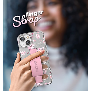 ENCASED Finger Loop Case, Designed for iPhone 15 Plus (2023) Hand Strap Clear Cover with Silicone Grip Phone Holder (Pink Flowers)