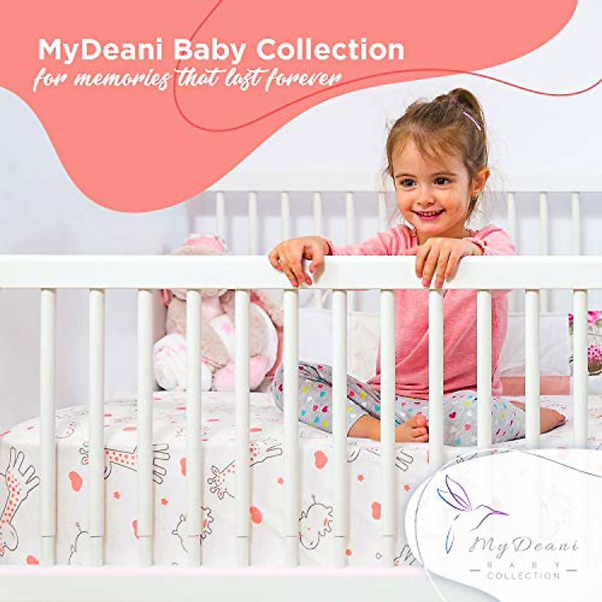 Stretchy Fitted Crib Sheets for Baby Girls, Ultra Soft Jersey Knit Cotton, Fits Standard Crib and Toddler Mattress, Size 28in x 52in, 2 Pack Set, Coral Elephants & Coral Animals Nursery Sheet