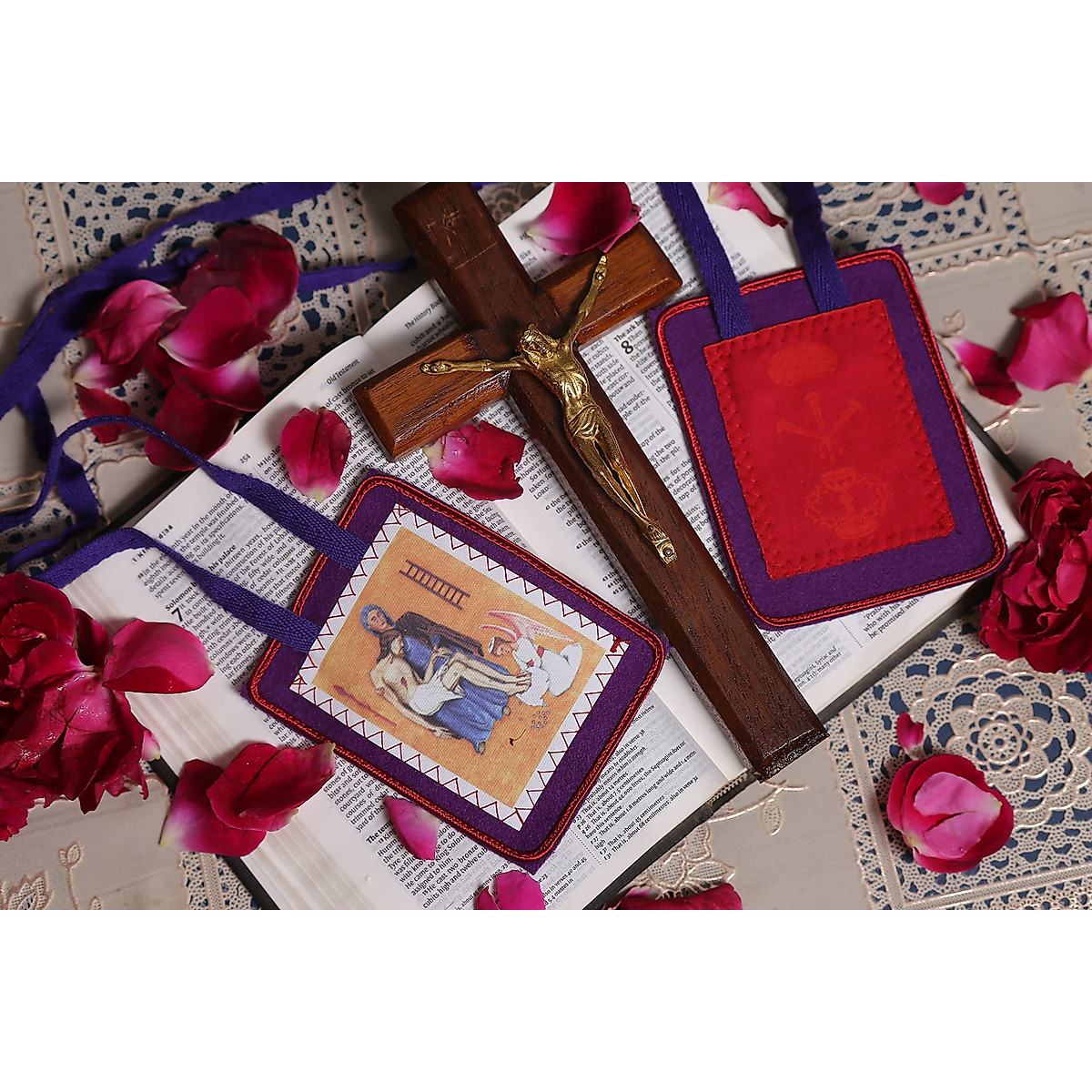 Wool Scapulars Catholic - Purple Scapular of Benediction and Protection - Scapular of Marie Julie Jahenny - Scapulars Catholic Necklace - Escapularios Catolicos Purple Scapular