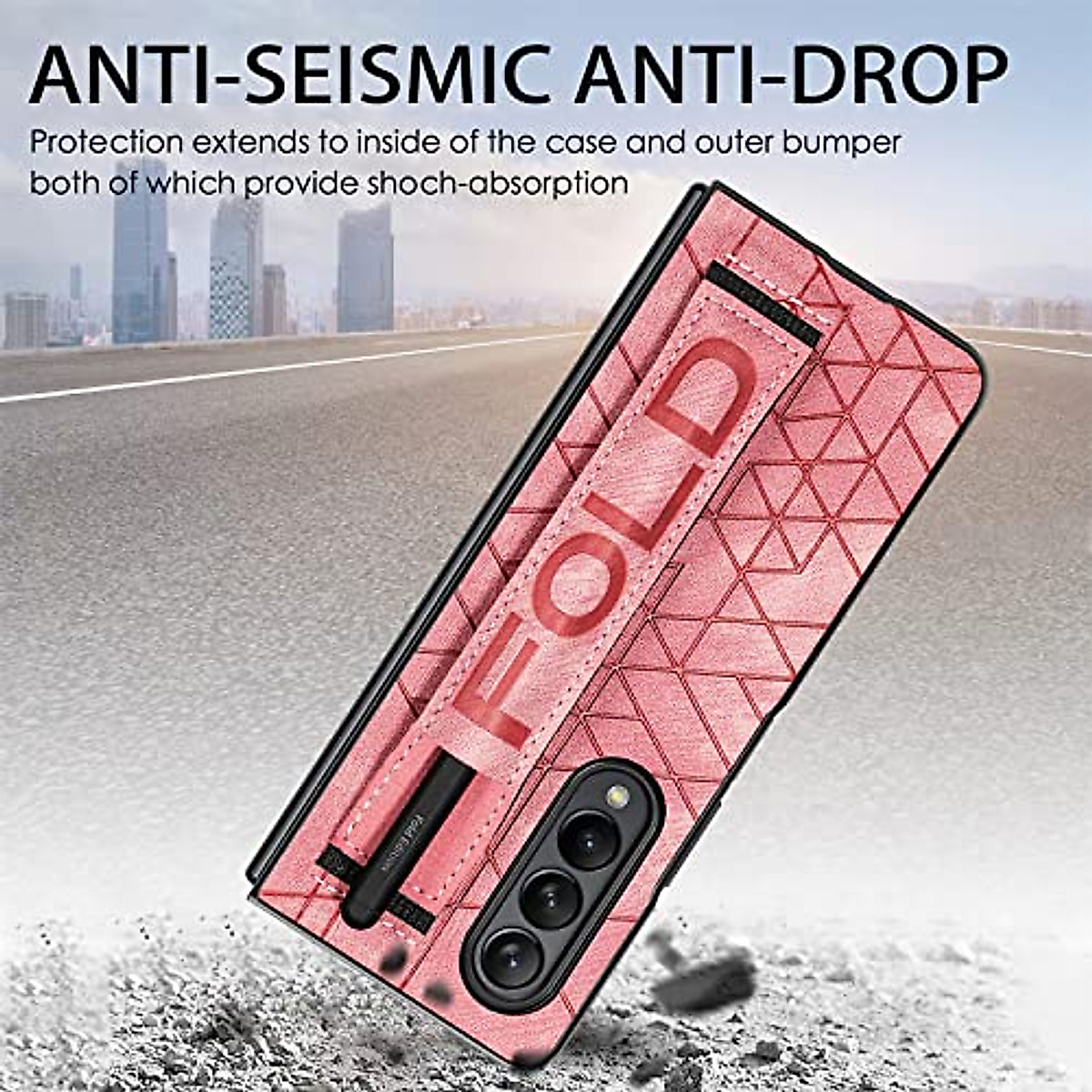 Omio Designed for Samsung Galaxy Z Fold 3 Leather Case with S Pen Holder & Strap, Wrist Strap Leather Back Cover Case Hard PC Shockproof Finger Grip Case for Galaxy Z Fold 3 Men Women Girls, Pink