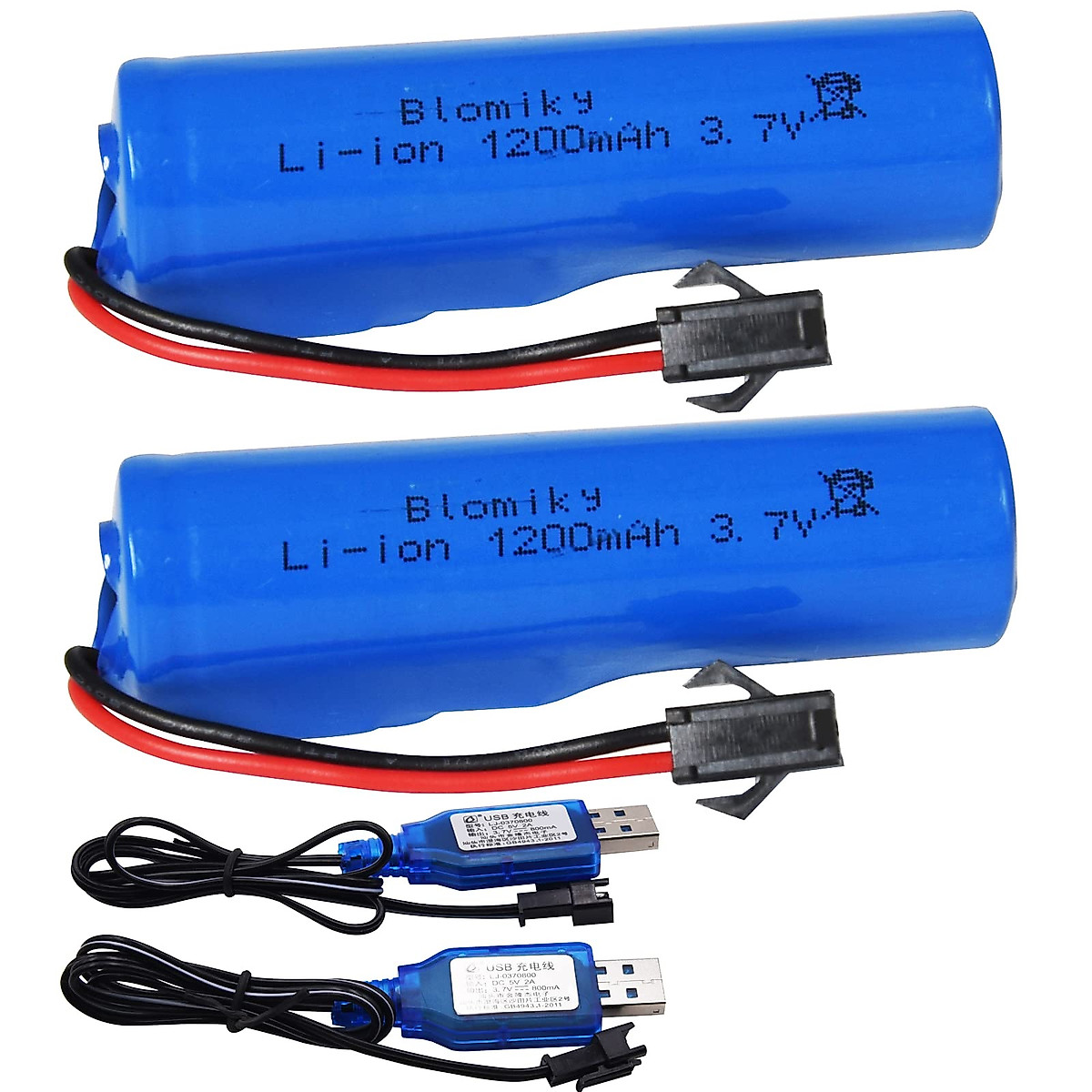 Blomiky 3.7V 1200mAh 2 Pack Li-ion Rechargeable Battery with SM2P Plug and Charger Cable for Remote Control Cars Trucks 3.7V 1200mAh 2