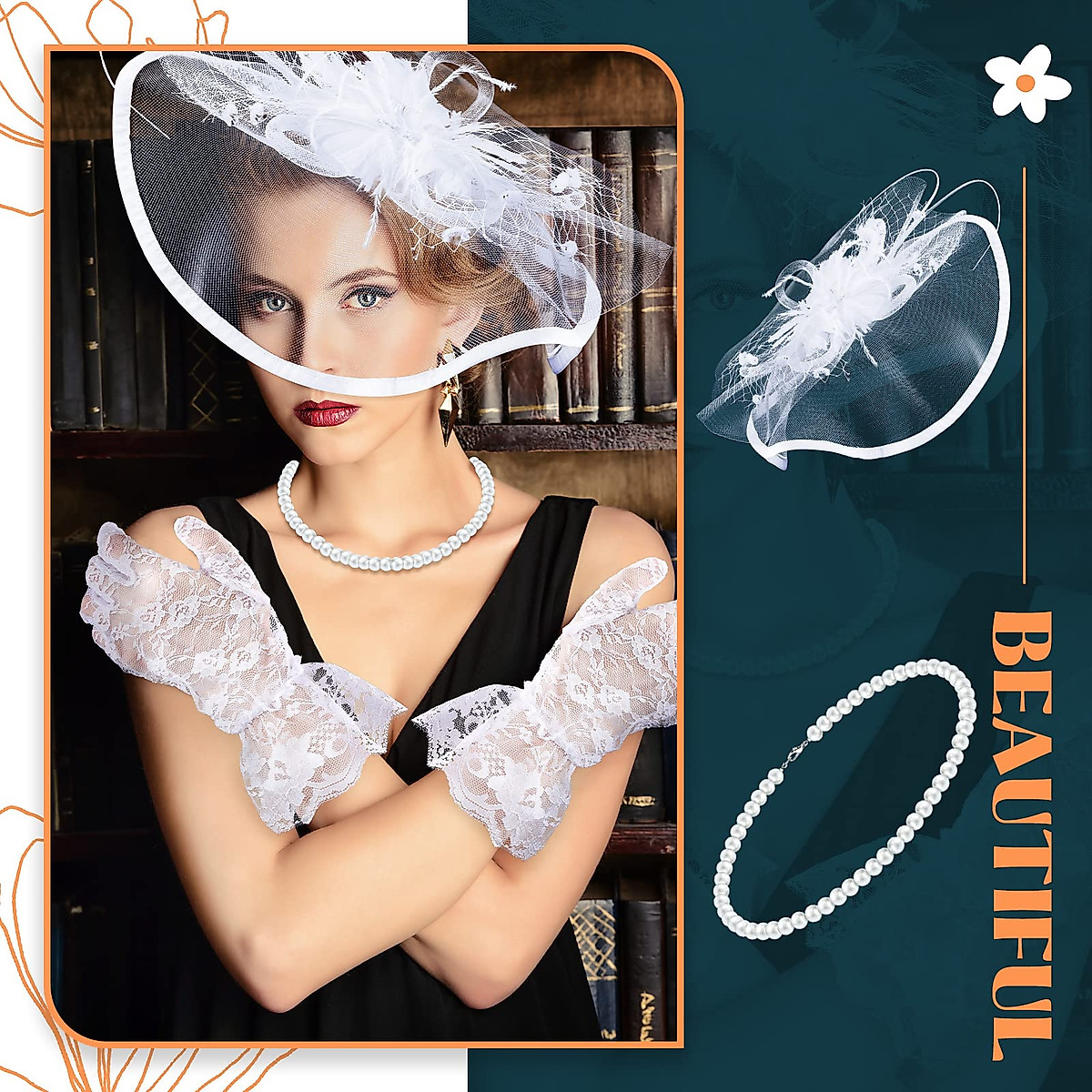 3 Pieces Fascinators Hats for Women Tea Party Hat Feathers Veil Mesh Hat Lace Gloves Pearl Choker Necklace Set for Wedding Cocktail Party, White