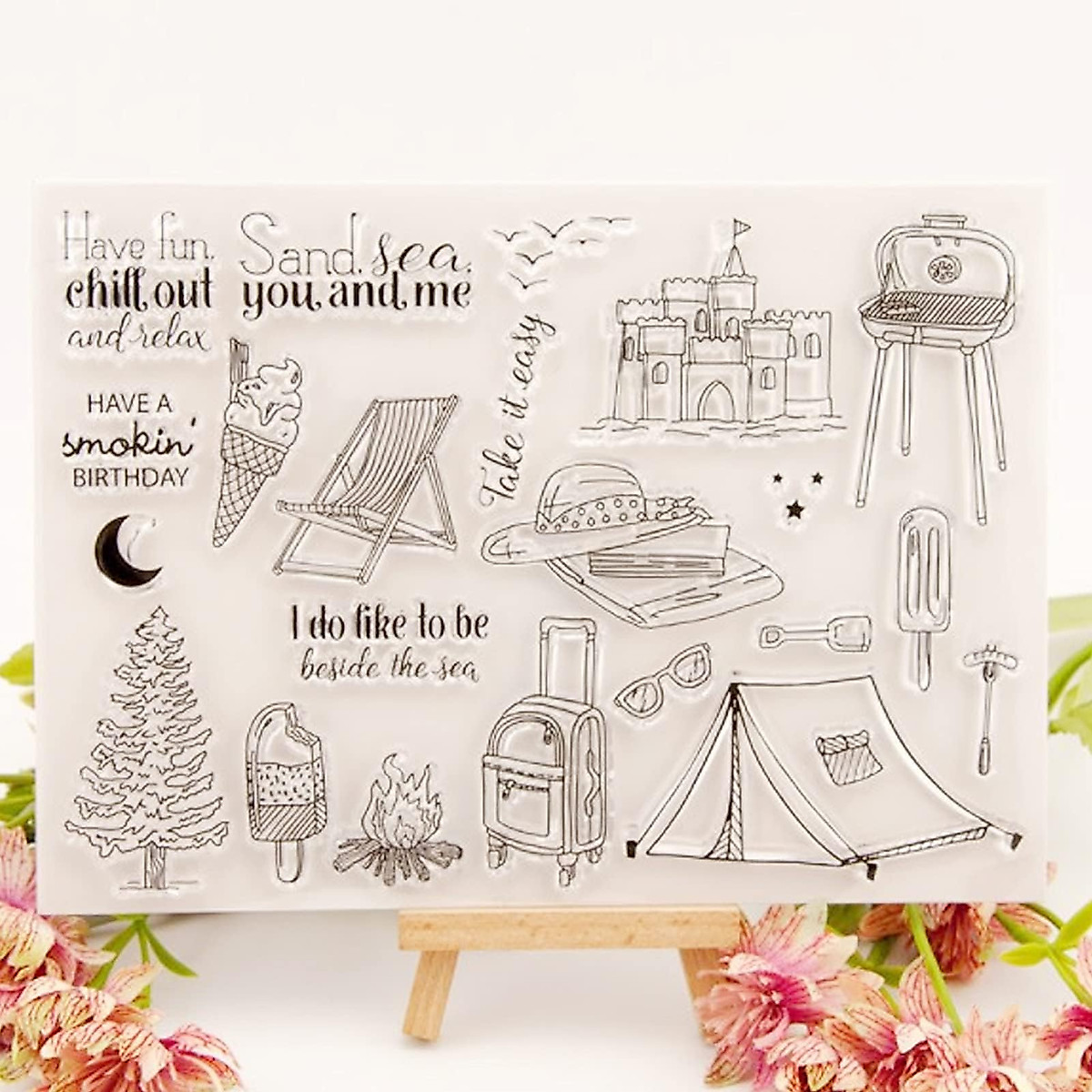 Silicone Stamp Cards, 2Pcs Camping Style Clear Stamps Cute Clear Rubber Stamps Cartoon Touring Car Seaside Spending Holiday Series Clear Stamps