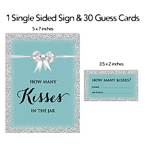Inkdotpot Aquamarine Glitter How Many Kisses in The Jar Bridal Shower Game 1 Sign + 30 Cards