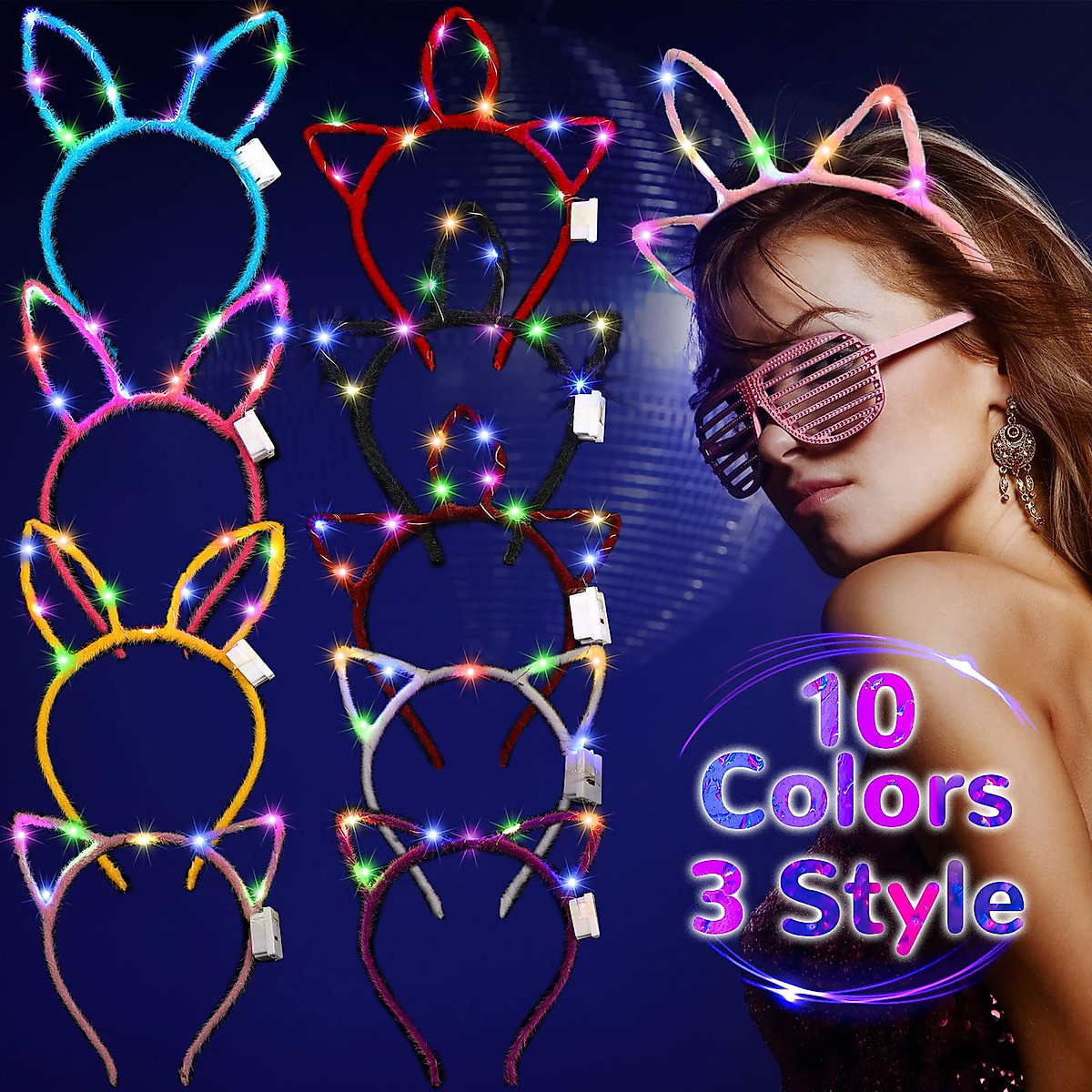 Janinka 60 Pcs LED Cat Ears Headband Bulk Cute Light up Headband Cat Ear Bunny Ear Unicorn Headband Light up Hair Accessories Luminous LED Headdress Hairbands for Women Girls Party Supplies