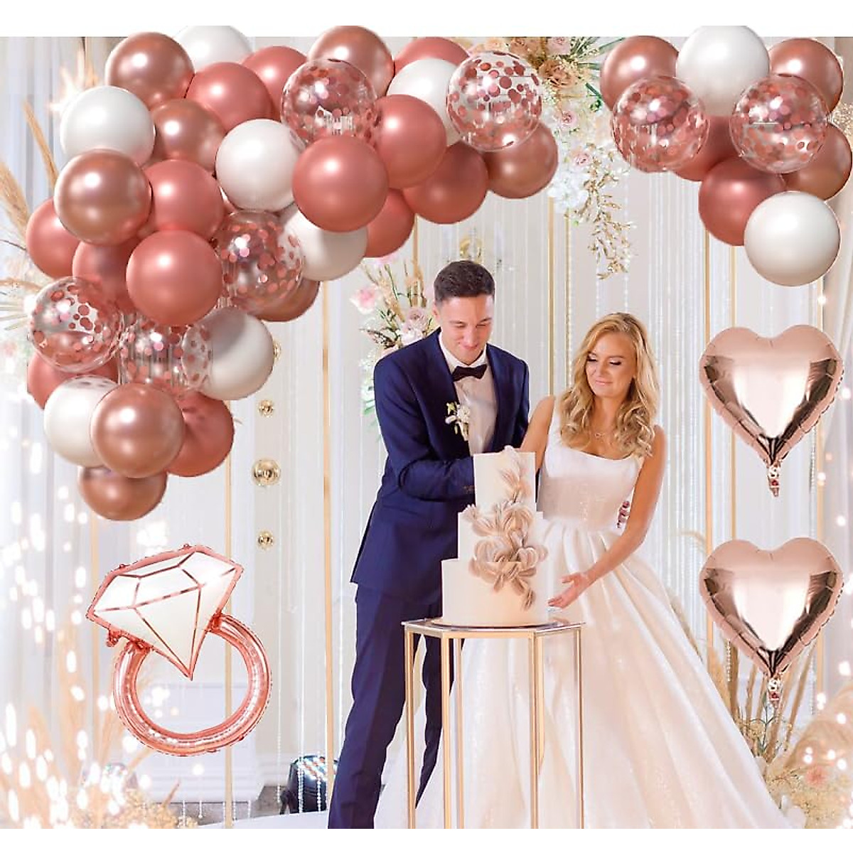 Bachelorette Party Decorations Bridal Shower Decorations - Rose Gold White Balloons, BRIDE Balloons, Curtains, Bachelorette Veil,Love Diamond Ring Champagne Balloons For Wedding Party Decorations