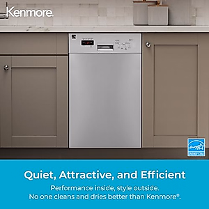 Kenmore 18" Built-In Stainless Steel Tub Dishwasher with EasyFlex 3rd Rack, SmartWash, UltraWash Plus, TurboDry, MoreSpace Adjustable Rack, Energy Star Certified, Fingerprint Resistant Stainless Steel