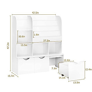 FOTOSOK 47'' Kids Bookcase and Bookshelf, Multifunctional Bookcase with 5 Storage Cubbies and 3 Movable Drawers, Bookcase Display Stand, Toy Storage Organizer for Bedroom, Playroom, Hallway, White