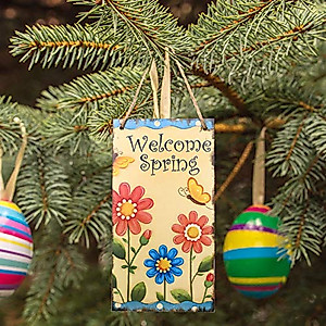OULII Easter Gift Happy Easter Plaque Wooden Hanging Plaque Festival Wall Door Decorative Sign Hanger Home Decoration Photo Props Favors (Welcome Spring)