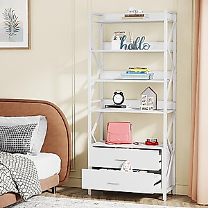 Tribesigns Bookshelf with Drawers, 70.8" Industrial Bookcase with 2 Drawers, 5 Shelf Open Shelf for Storage, Wood Book Shelf for Living Room, Bedroom, Home, Office (1, White)