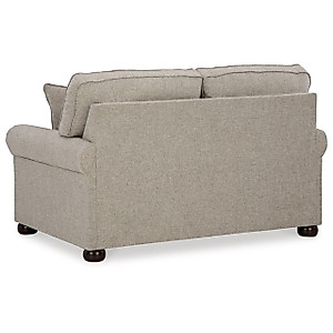 Signature Design by Ashley Gaelon Transitional Loveseat with Nailheads and 2 Accent Pillows, Beige