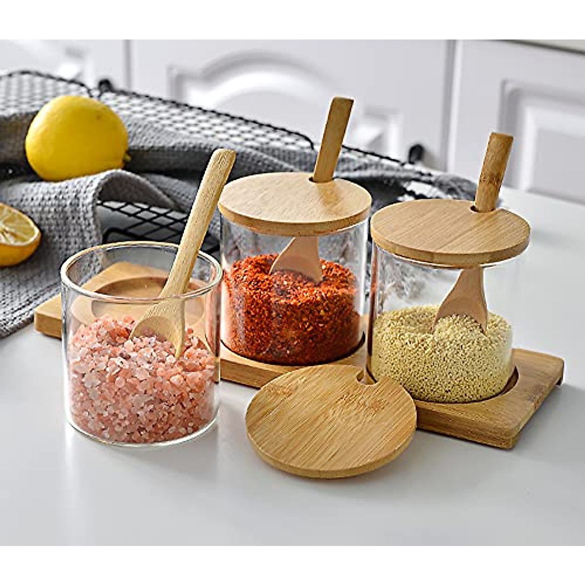 Lawei Set of 3 Condiment Jar with Lids and Spoons - Glass Sugar Bowls Sugar Salt Container Set for Sugar Serving Spice Salt