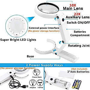 30X 10X Magnifying Glass with Light and Stand, Foldable Handheld Magnifying Glass & 2 level Dimmable for Close Work, Powered by Battery or USB