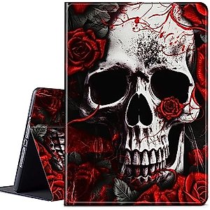 CGFGHHUY for All-New Kindle Fire 7 Tablet Case 12th Generation 2022 Release 7 inch Lightweight Protective PU Leather Smart Stand Cover with Auto Wake Sleep - Skull Roses Flower