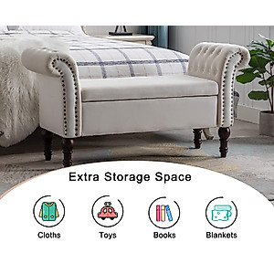 QUINJAY Velvet Tufted Upholstered Storage Bench, Cream, 33.5 in L x 16.5 in W x 26 in H