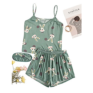 SheIn Women's Cute Cartoon Print Cami Top and Shorts Pajama Set with Eye Mask Green Rabbit Medium
