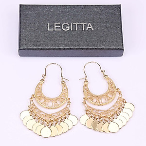 LEGITTA Bohemian Chandelier Earrings Gold Gypsy Coin Disc Charm Tassel Dangle Drop Boho Hoop Fashion Jewelry for Women