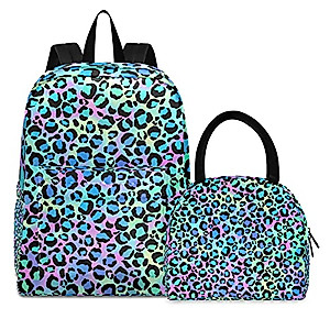 Moudou Leopard School Backpack with Lunch Bag Student Bookbag Travel Daypack for Teen Boys Girls