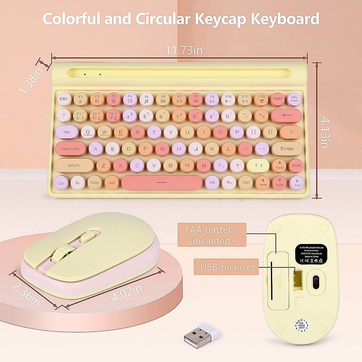 Apuode Wireless Keyboard and Mouse Combo, Bluetooth 5.0/3.0/2.4GHz, with Tablet Holder, Quiet Mute Button, Cute Retro Round Keycaps, Replaceable Battery, for PC, Mac, Laptop, Tablet