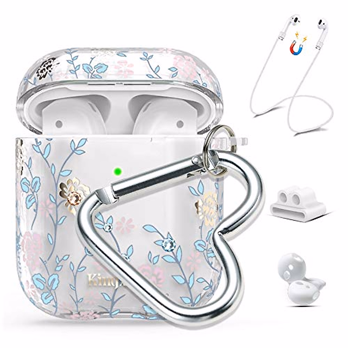KINGXBAR Queenxbar Airpods Case Cover, Clear Hard PC Airpods Cover Sparkle Crystals with AirPods Strap/Ear Hook/Watch Band Holder/Heart-Shaped Carabiner for Airpods 1 & 2(Front LED Visible)