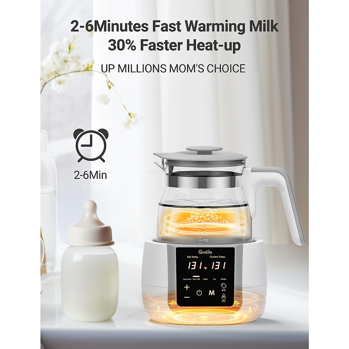 Bottle Warmer,Grelife 9-in-1 Fast Portable Instant Baby Milk Warme with 72H Keep Warm,Accurate Temperature Control,with Defrost, Sterili-zing, Heat Baby Food Jars for Breastmilk,Formula,Tea,Coffee