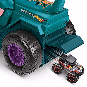 Hot Wheels Monster Trucks Car Chompin' MEGA-Wrex, Large Toy Monster Truck & 1:64 Scale Toy Car, "Eats" & "Poops" 1:64 Scale Vehicles