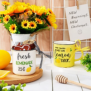 Whaline Summer Lemon Mini Coffee Mug with Ribbon Lemon Fresh Squeeze Mini Drinking Mug Yellow White Summer Tiered Tray Decor for Table Centerpieces Decor Housewarming Gift, 4Pcs